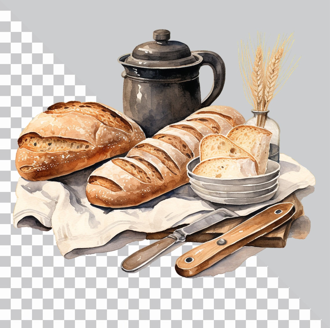 Bakery Bread Watercolor Clipart, Bread Png, Baker Png, Rustic Loaf of ...