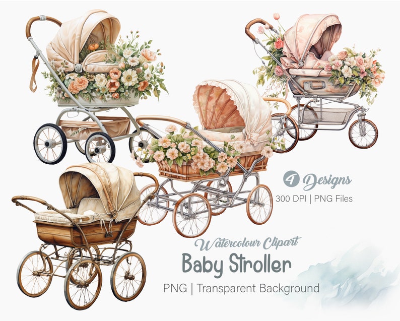 Baby Stroller Clipart, Vintage Baby Stroller Png, Floral Stroller, Junk ...