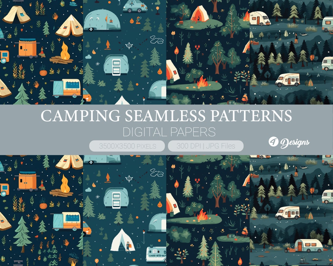 Camping Digital Paper, Camping Adventures Seamless Pattern, Backgrounds ...