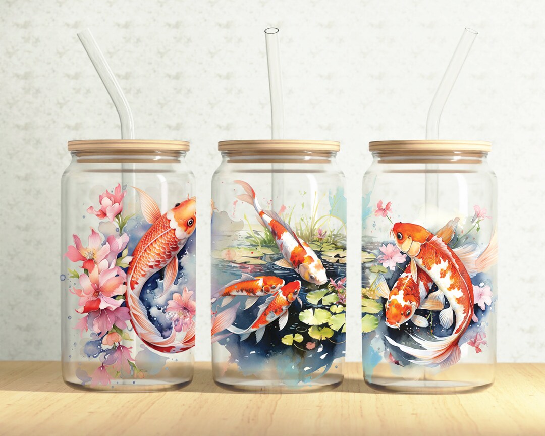 Koi Fish Glass Can Wrap, Japan Fish 16oz Glass Can, Koi Fish Pond 16oz ...