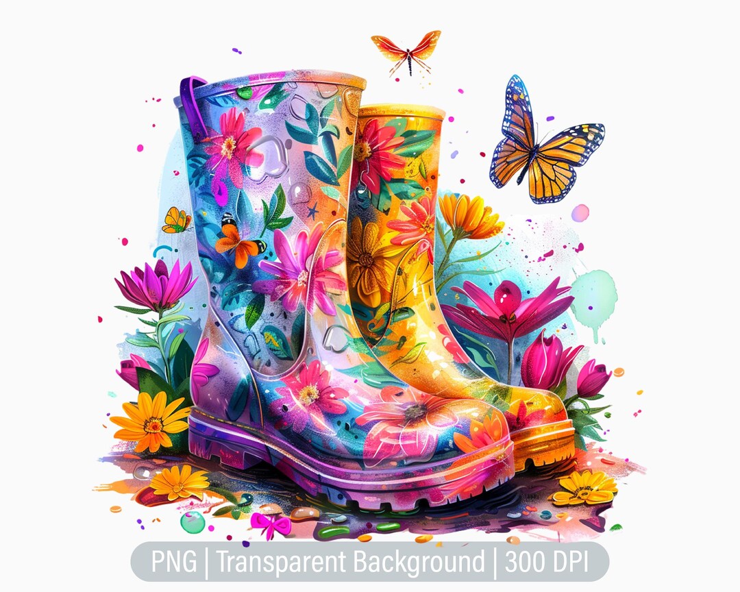 Colorful Floral Garden Boots Clipart, Spring Flowers PNG, Butterfly ...