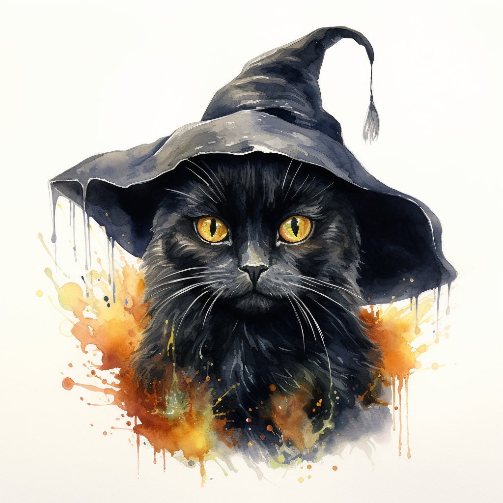 Witch Cat Clipart Watercolour Witches Cat Halloween Clipart - Etsy