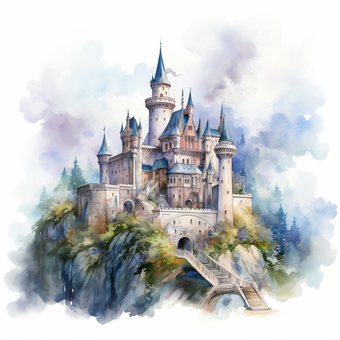 Watercolor Castle Clipart Fairy Tale Princess Castle - Etsy