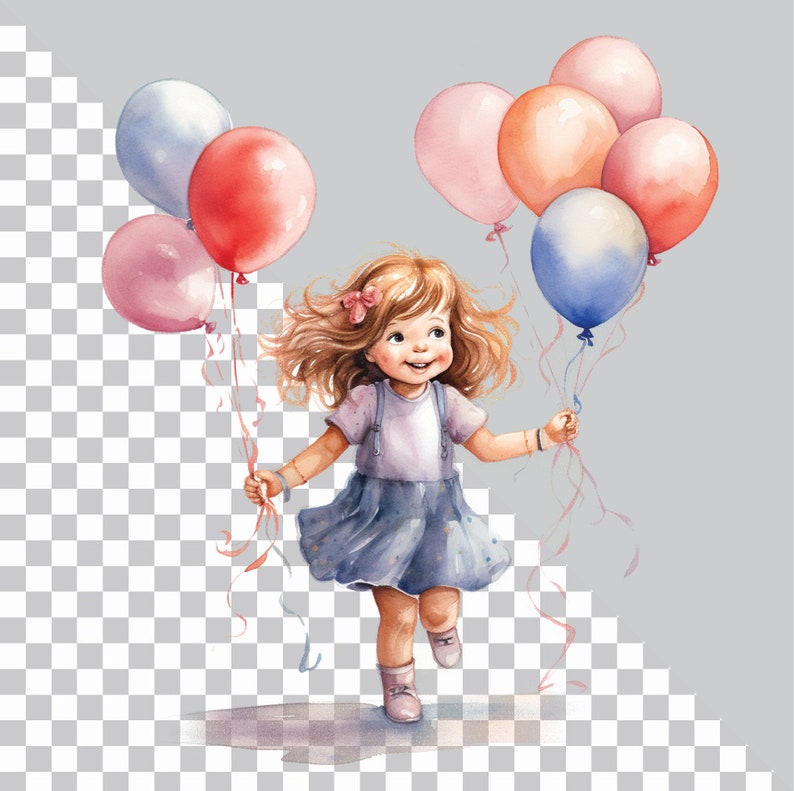 Girl With Balloons Watercolor Clipart, Girl and Balloons Png, Printable ...