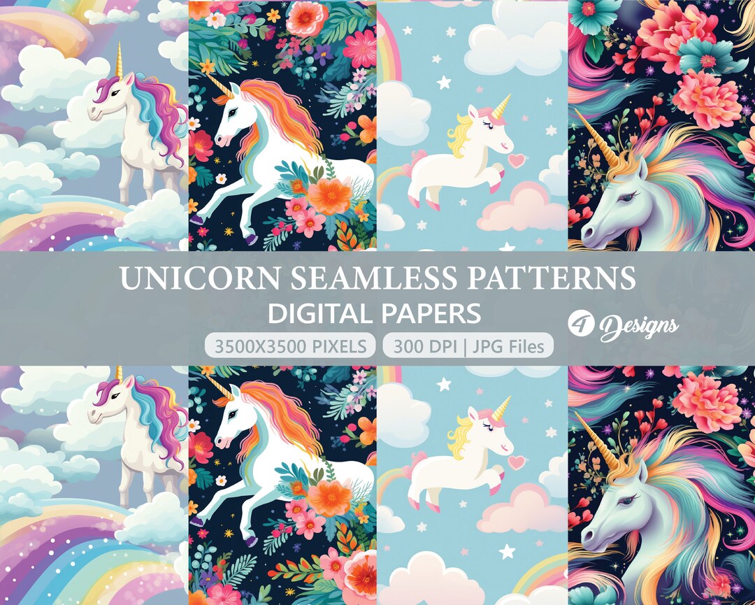 Unicorn Digital Paper, Rainbow Unicorn Pattern, Dreamy Unicorn ...