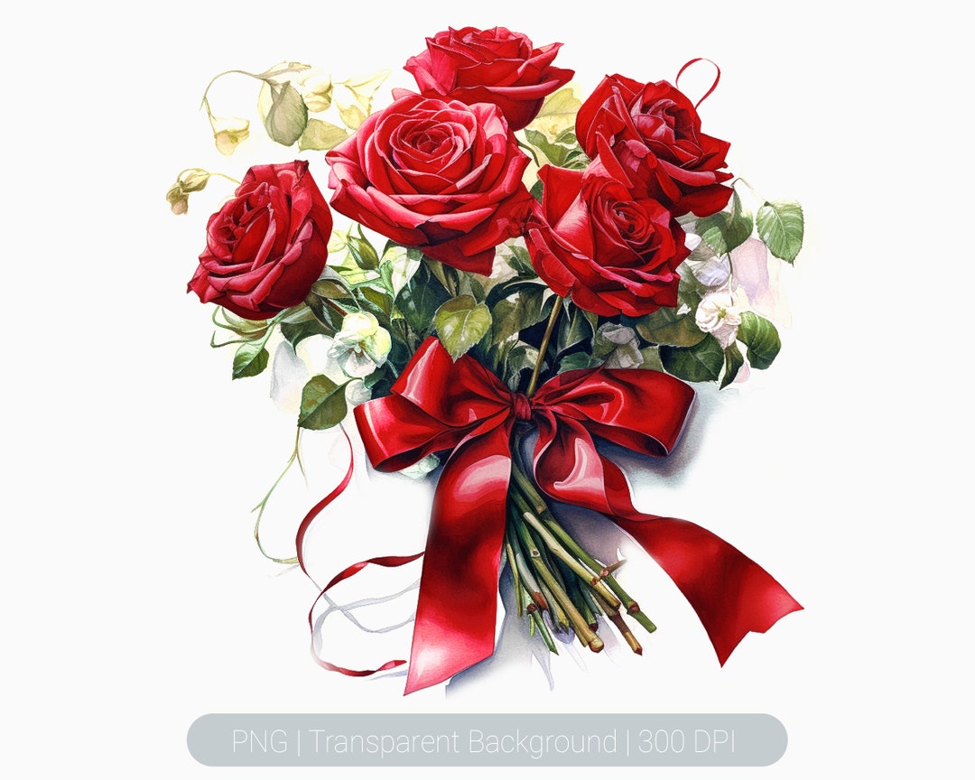 Watercolor Red Roses Clipart, Rose Clipart, Red Rose With Ribbon, Roses ...