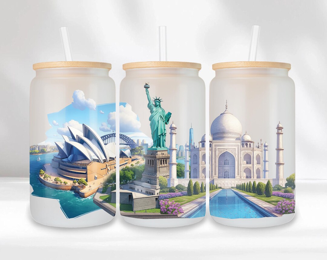 Landmarks Glass Can Wrap, Sydney Opera House 16oz Glass Can, Statue of ...