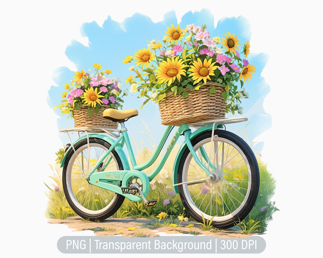 Floral Bicycle Clipart, Retro Bike PNG, Wild Flower Bicycle ...