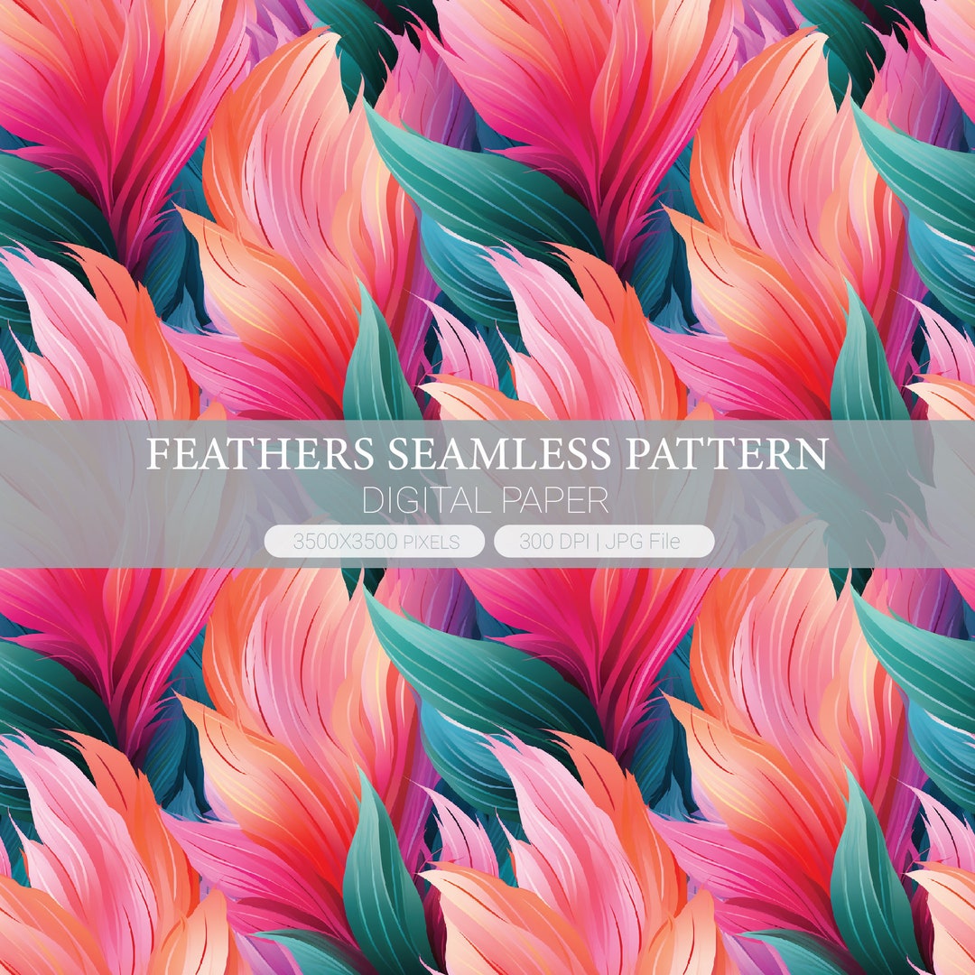 Feathers Digital Paper, Flamingo Feathers Seamless Pattern, Pink ...