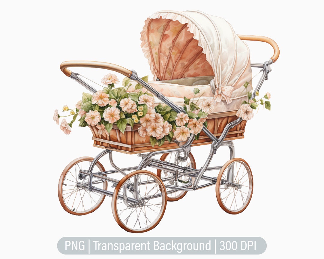 Baby Stroller Clipart, Vintage Baby Stroller Png, Floral Stroller, Junk ...