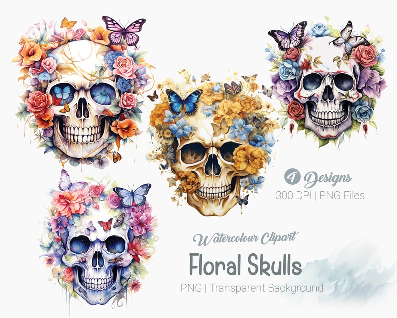 Watercolor Floral Skulls Clipart, Flower Skulls Watercolor Png, Skull ...