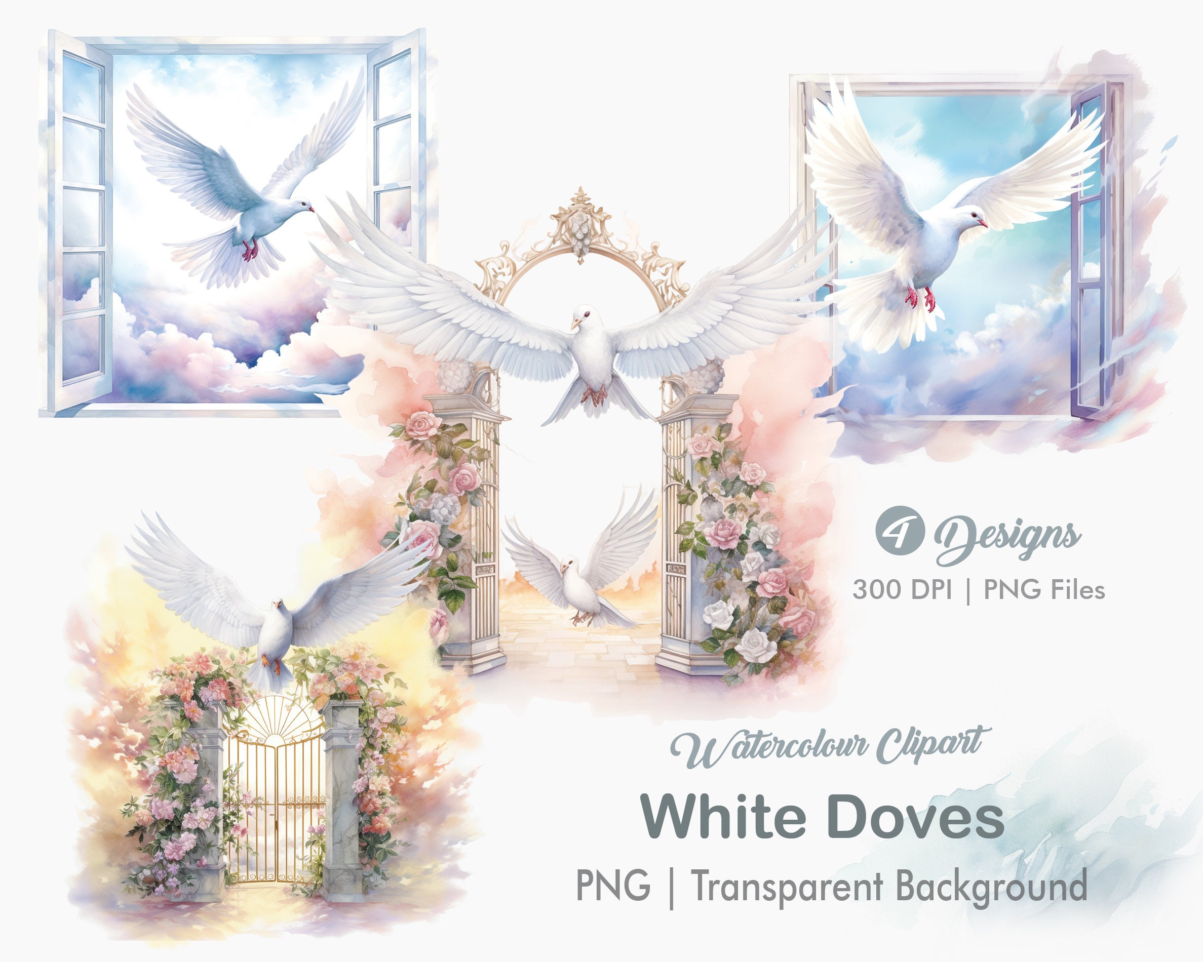 White Doves Clipart, Heaven Doves PNG Clipart, Dove Png, Junk Journals ...
