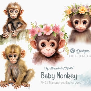 Monkey Watercolor Clipart, Cute Monkey Baby Shower, Nursery Decor, Zoo ...