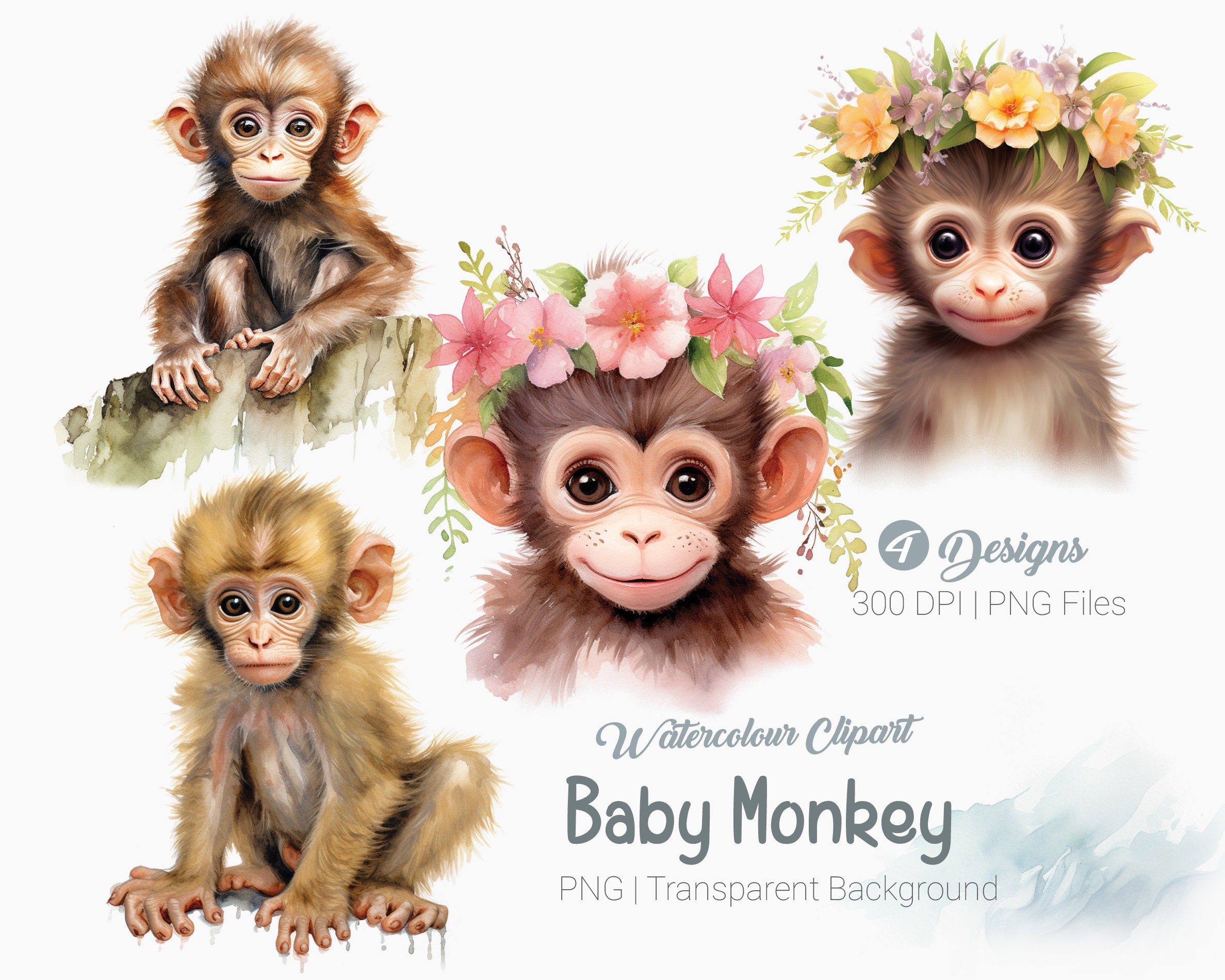 Monkey Watercolor Clipart Cute Monkey Baby Shower Nursery - Etsy