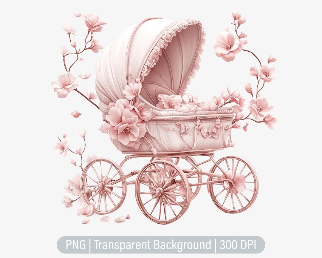 Pink Stroller Clipart, Flower Pram PNG, Nursery PNG, Junk Journals ...