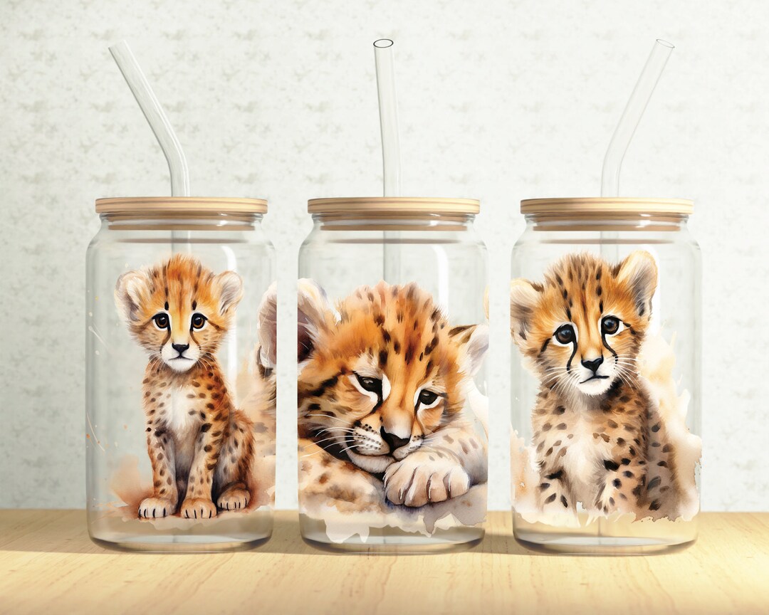 Baby Cheetah Glass Can Wrap, Cute Cheetah 16oz Glass Can, Cheetah 16oz ...