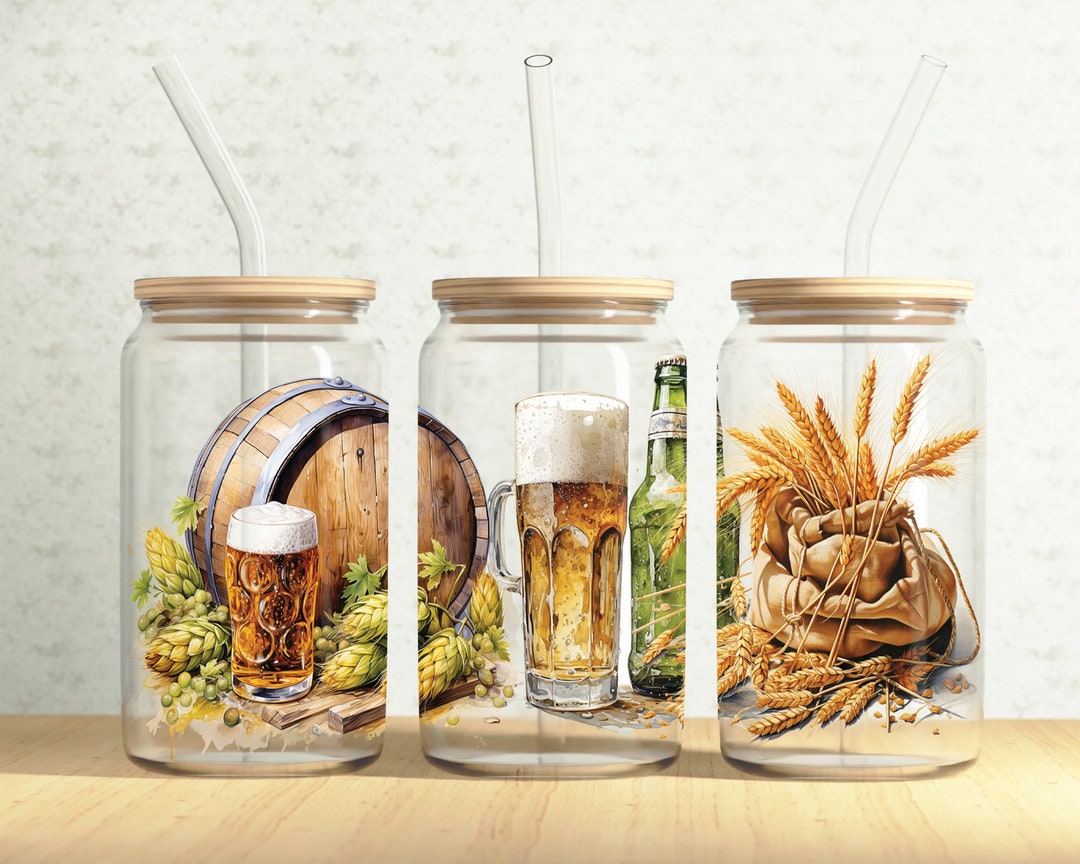 Beer Glass Can Wrap, Beer Barrel 16oz Glass Can, Hops 16oz Libbey Glass ...