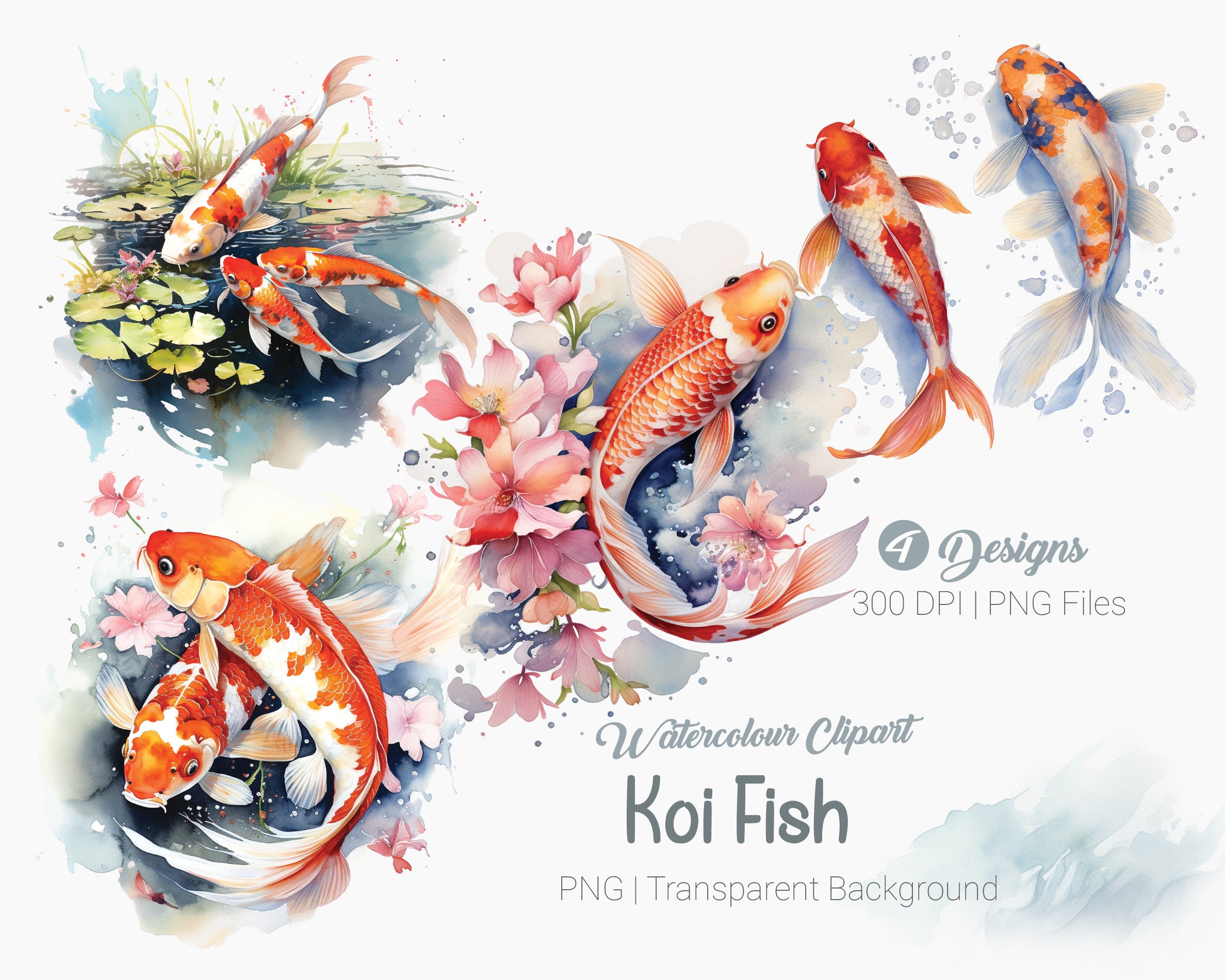 Watercolor Koi Clipart Japanese Floral Koi Fish in Gold and - Etsy