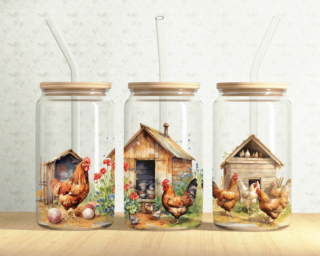 Chicken Coops Glass Can Wrap, Farm Chickens 16oz Glass Can, Chicken ...