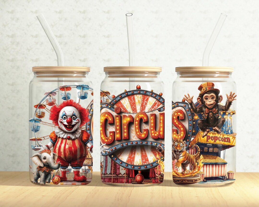 Circus Can Wrap, Circus Clown 16oz Glass Can, Carnival 16oz Libbey ...