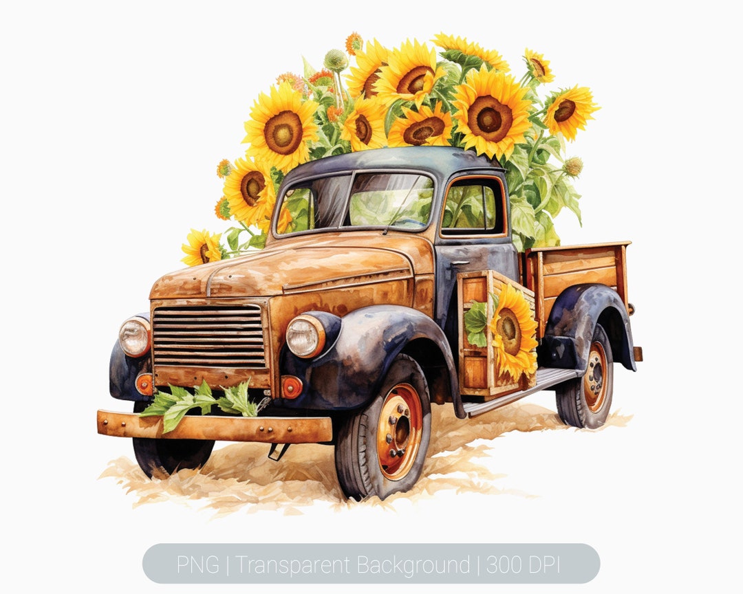 Watercolor Sunflower Truck Clipart, Fall Sunflowers Floral Bouquets ...