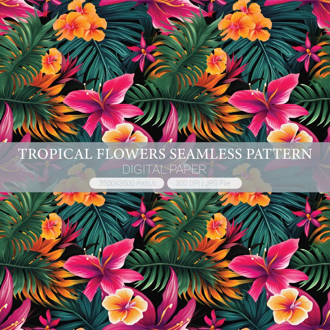 Tropical Flowers Digital Paper, Tropical Floral Seamless Pattern ...