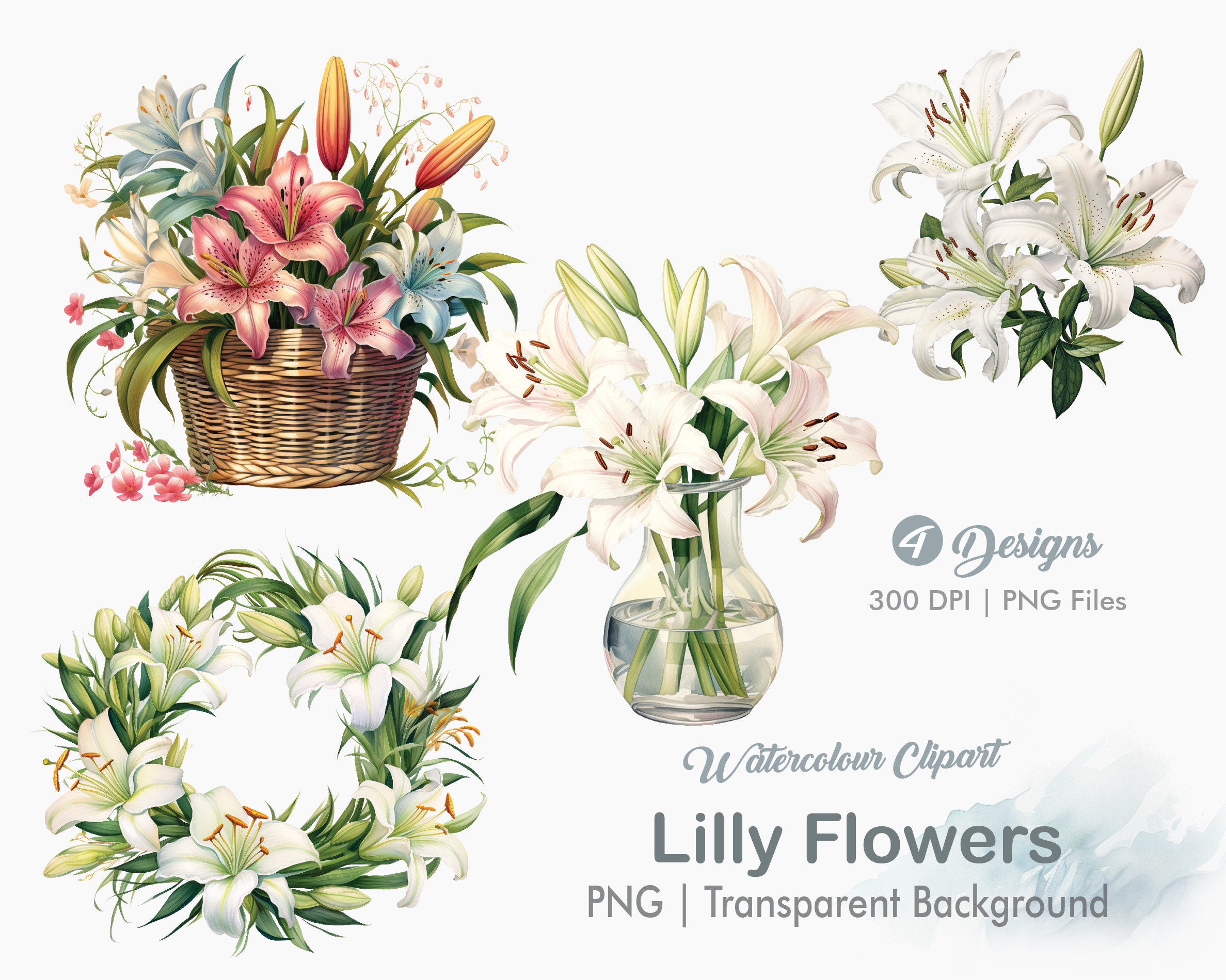 Lilly Clipart, White & Pink Lillies Clipart, Flowers Png, Junk Journals ...