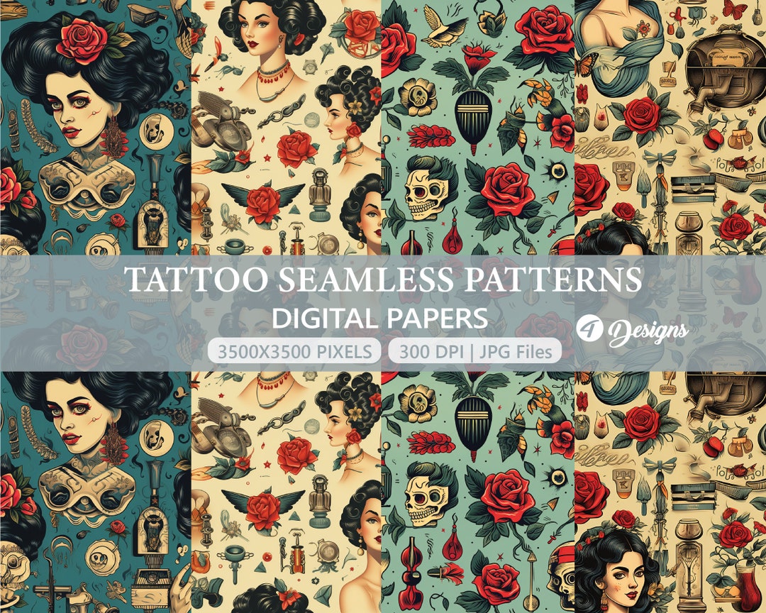 Tattoos Digital Paper, Vintage Tattoo Pattern, Traditional Tattoo ...
