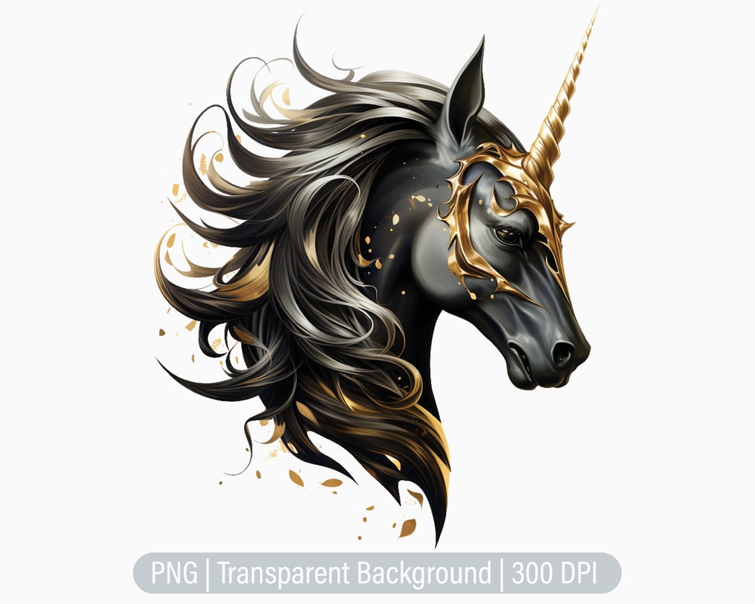 Black Unicorn Clipart, Gothic Unicorn Clipart, Gold Horn, Junk Journals ...