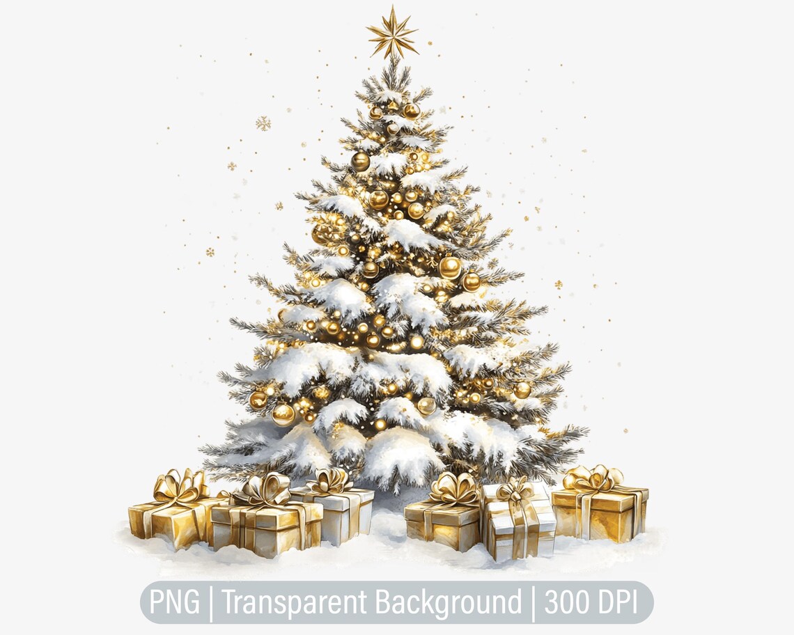 Gold & White Christmas Tree Clipart, Christmas PNG, Junk Journals ...
