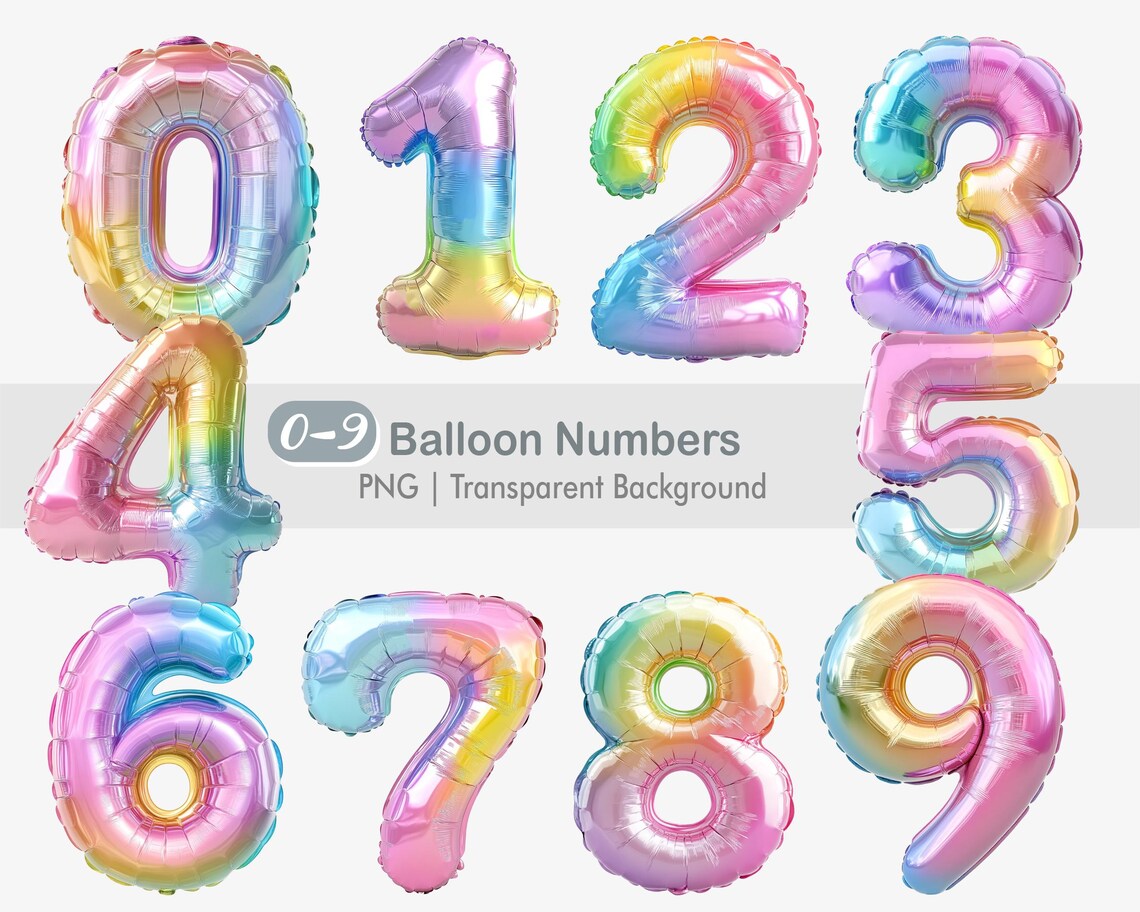 Rainbow Balloon Numbers Clipart, Foil Balloons Png, Party, Celebration ...