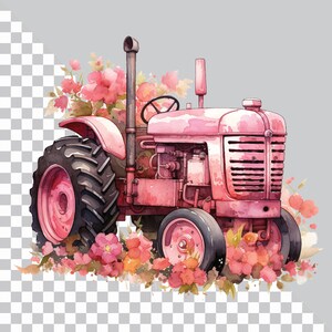 Pink Tractor Clipart, Floral Tractor PNG, Farm Tractor, Junk Journals ...