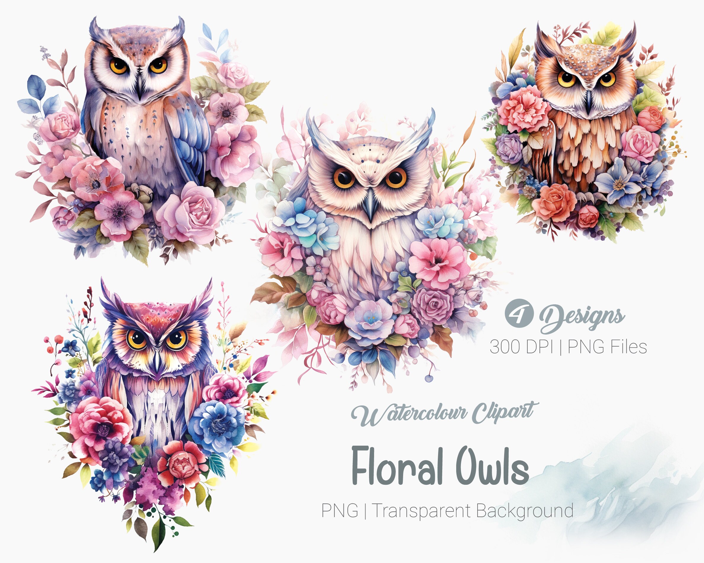 Watercolor Floral Owls Clipart Owls Clip PNG Fantasy - Etsy