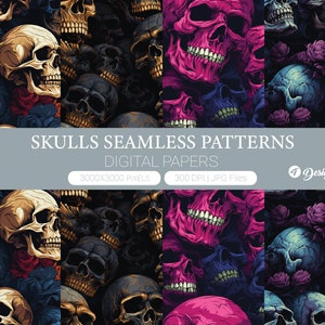 Skulls Digital Papers, Skull Seamless Patterns, Gold Skull, Floral ...