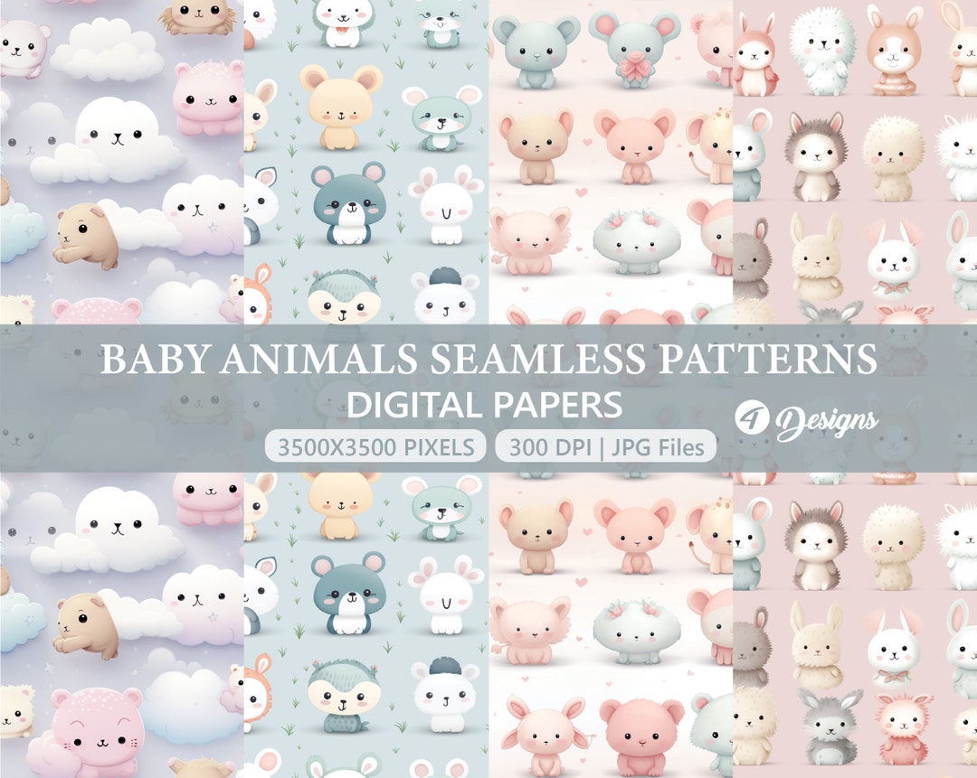Baby Animals Digital Paper, Cute Baby Animals Seamless Pattern, Animal ...