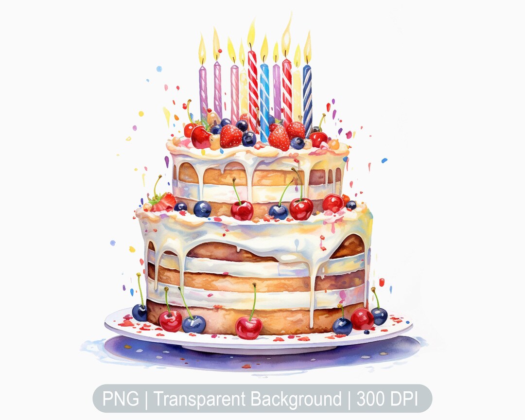 Watercolor Birthday Cake Clipart, Dessert Clipart, Candle Cake Clipart ...