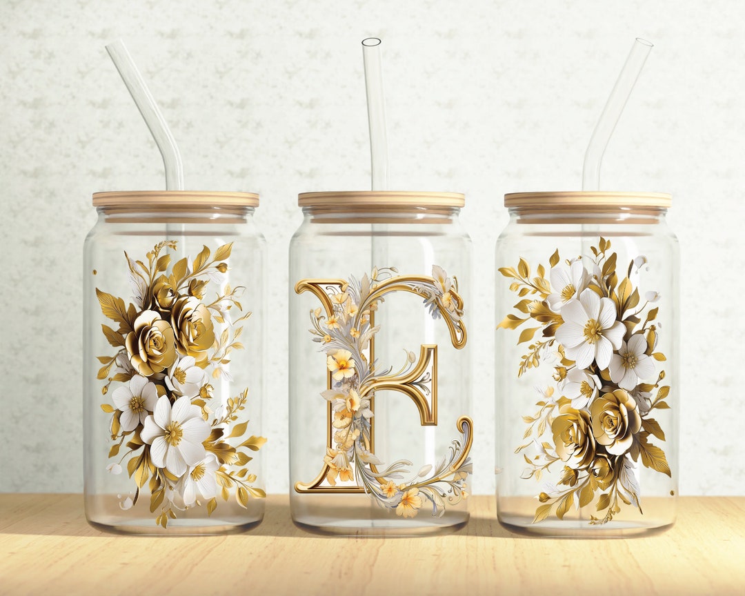 Gold Floral Letter Can Wrap, Monogram 16oz Glass Can, Name Initial 16oz ...