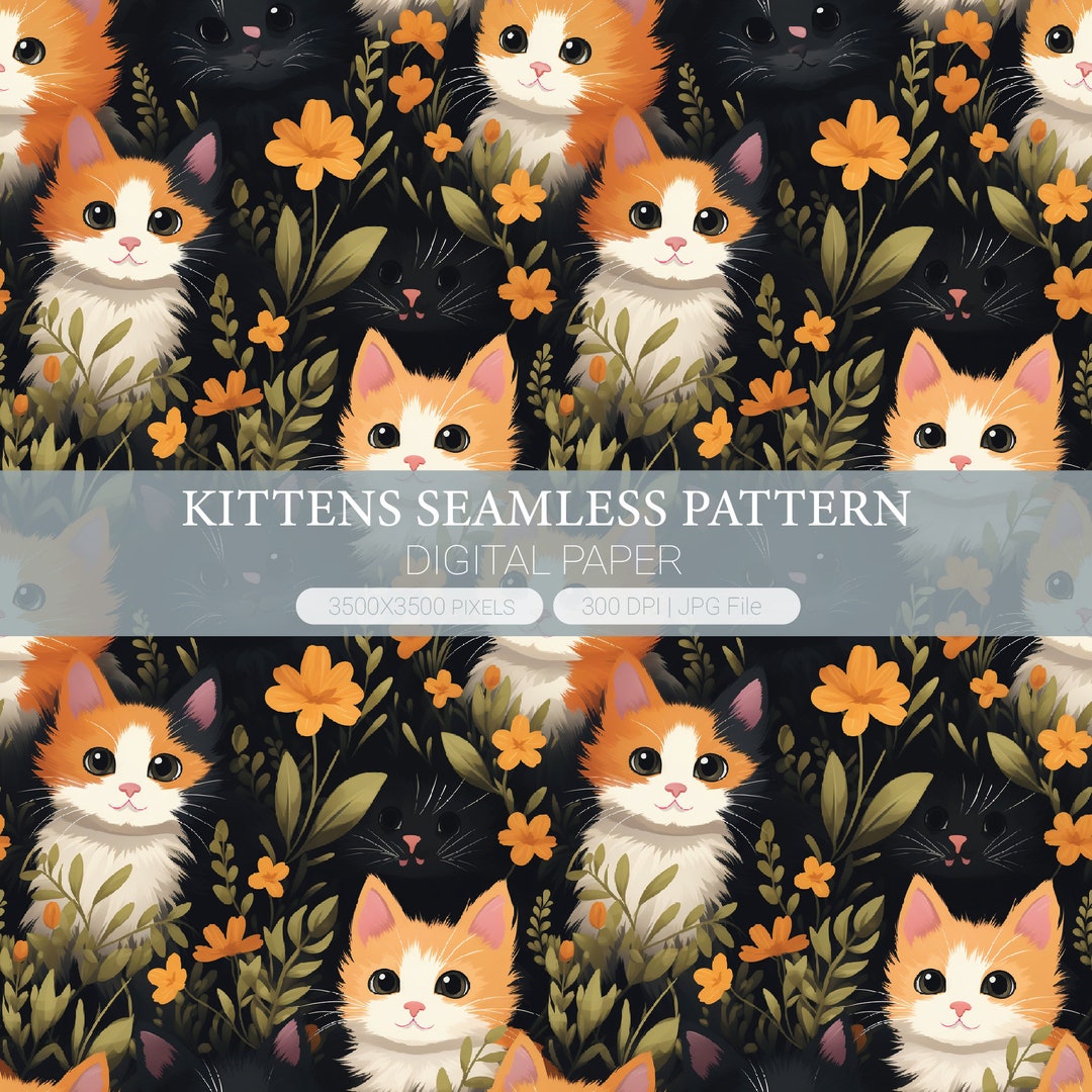 Cats Digital Paper, Cute Kitten Seamless Pattern, Baby Cat Backgrounds ...