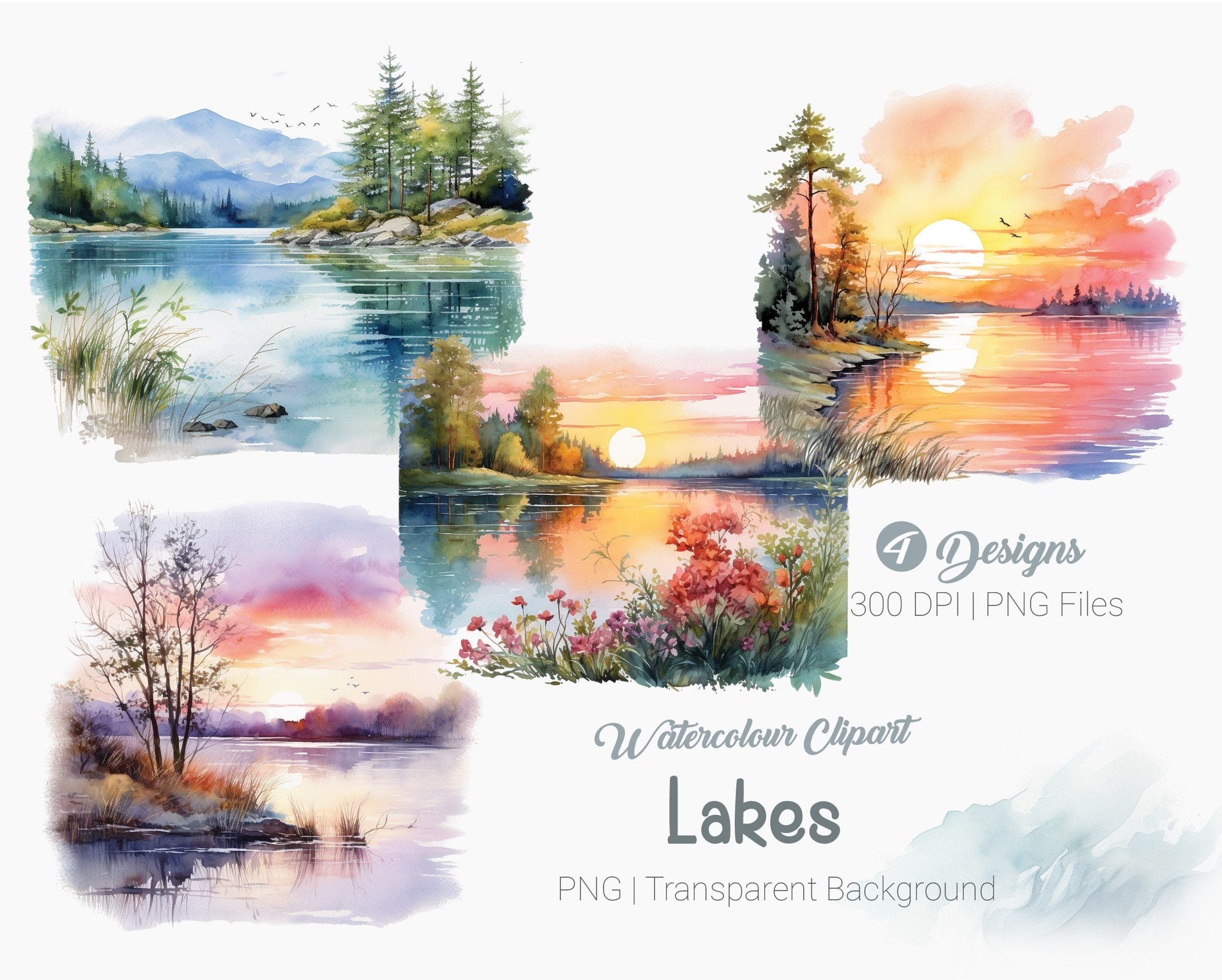 Watercolor Lake Clipart Landscape Clipart Spring Sunset - Etsy