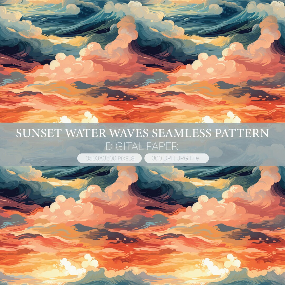 Sunset Water Wave Digital Paper, Beach Waves Seamless Pattern, Ocean ...