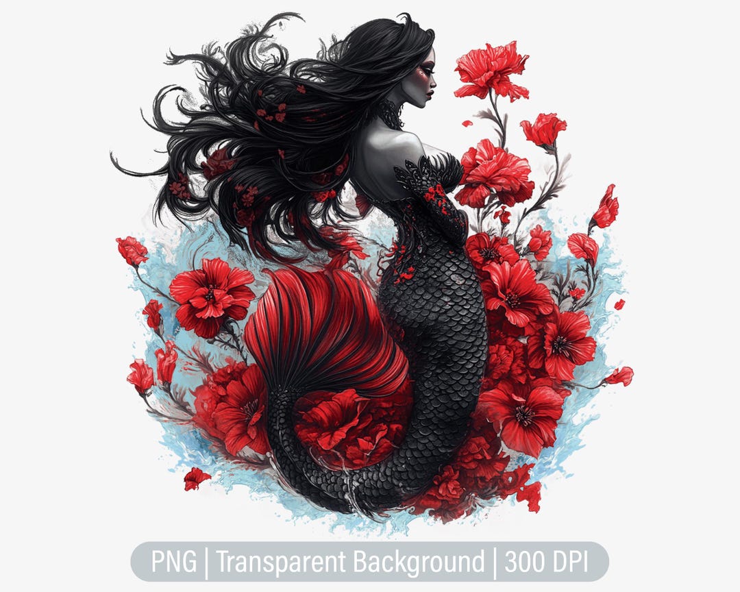 Goth Mermaid Clipart, Gothic PNG, Dark Fantasy, Red Flowers Mermaid ...