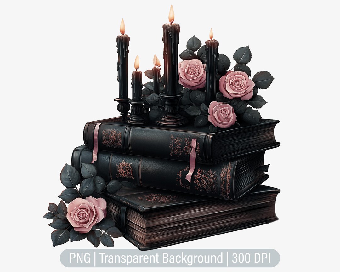 Floral Books & Candles Clipart, Goth Princess PNG, Black Books, Junk ...