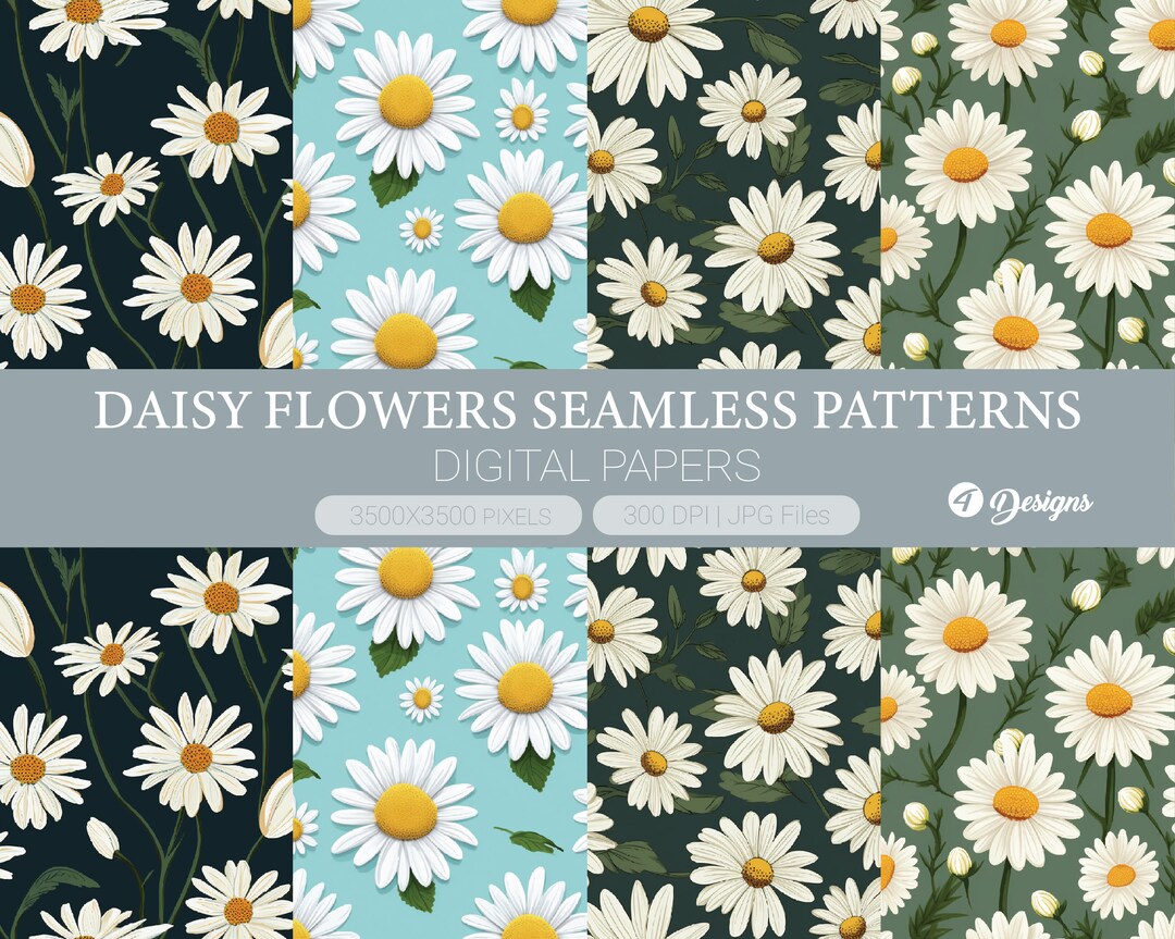 Daisy Flowers Digital Paper, Floral Seamless Pattern, White Daisies ...