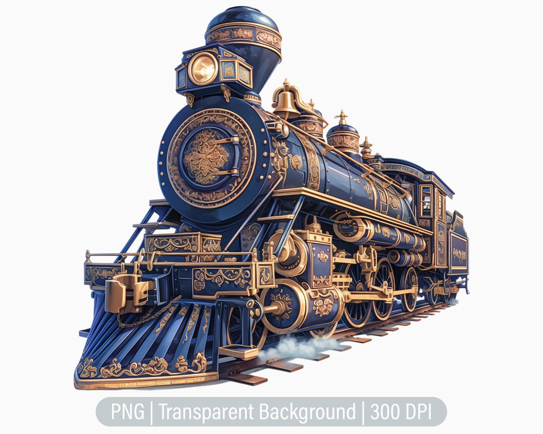 Blue & Gold Steam Train Clipart, Vintage Victorian Antique, Old Train ...
