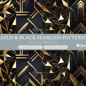 Gold and Black Digital Paper, Geometric Shapes Seamless Pattern ...