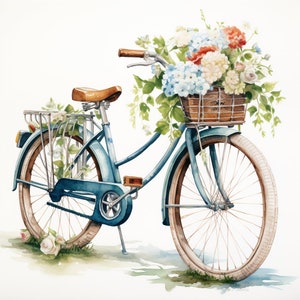 Floral Bicycle Clipart, Vintage Watercolour Bicycle, Spring Flowers ...