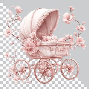 Pink Stroller Clipart, Flower Pram PNG, Nursery PNG, Junk Journals ...