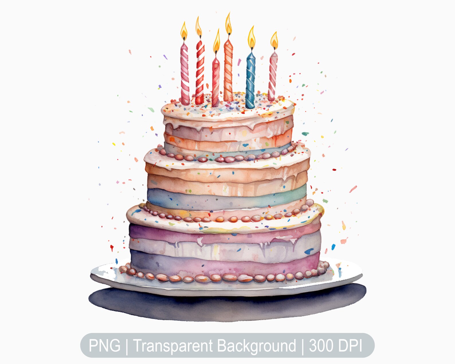 Watercolor Birthday Cake Clipart, Dessert Clipart, Candle Cake Clipart ...