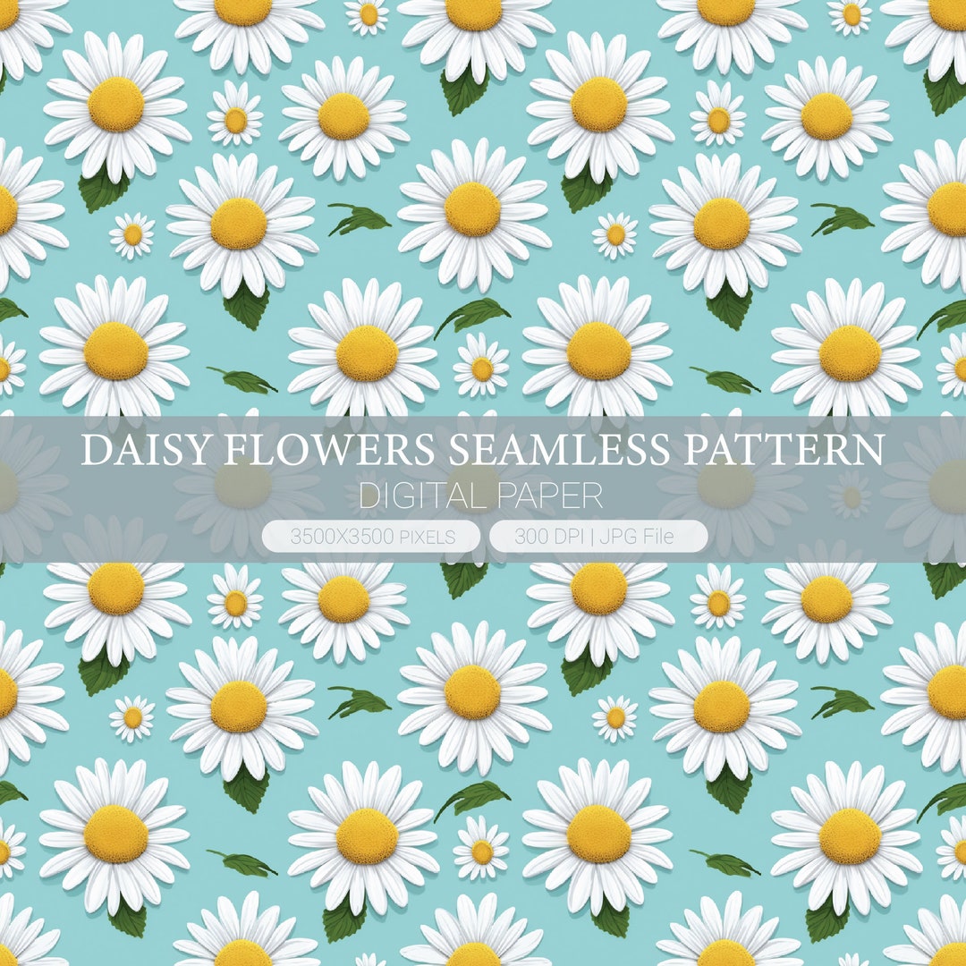 Daisy Flowers Digital Paper, Floral Seamless Pattern, White Daisies ...