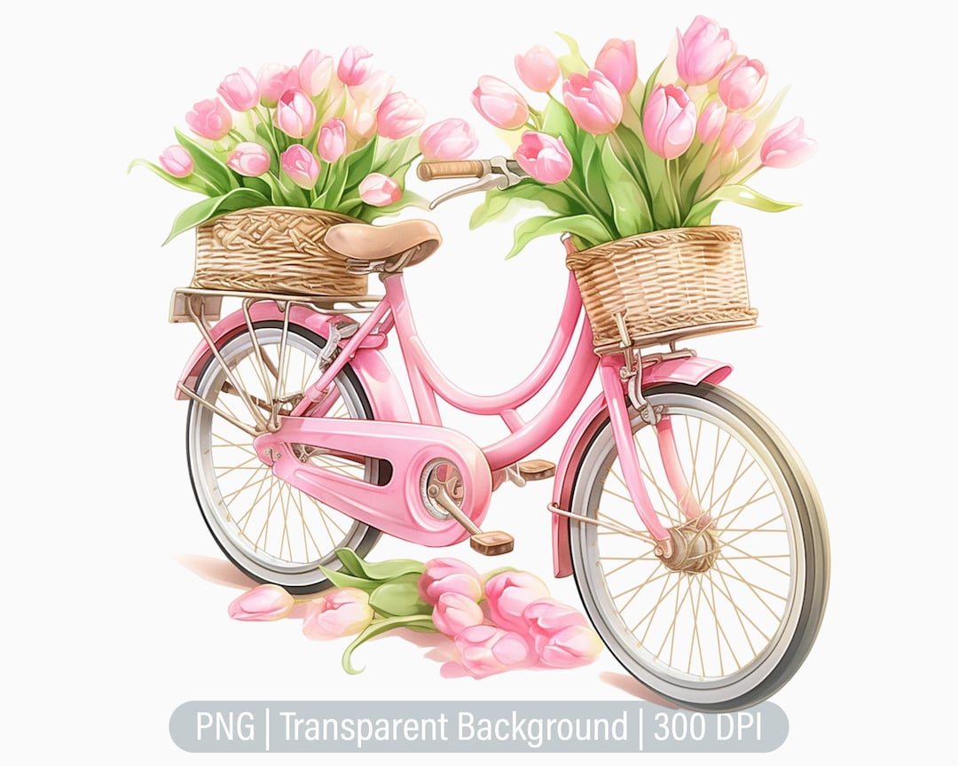 Pink Tulips Bicycle Clipart, Retro Bike PNG, Flower Bicycle ...